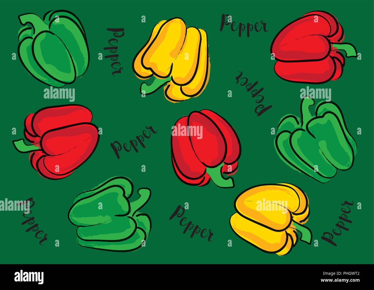 Vector illustration Mix Colored Sweet Pepper on a green background and ...