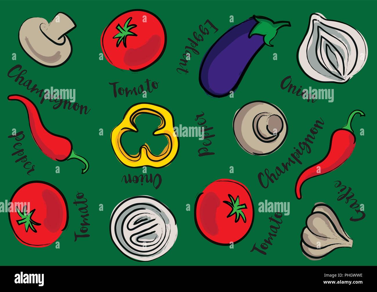 Vector illustration Mix Vegetables on a green background and ...