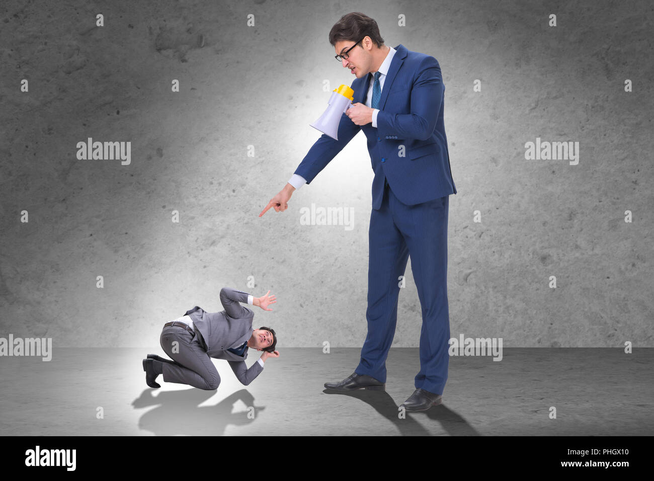 Bad angry boss shouting at employee with loudspeaker Stock Photo - Alamy
