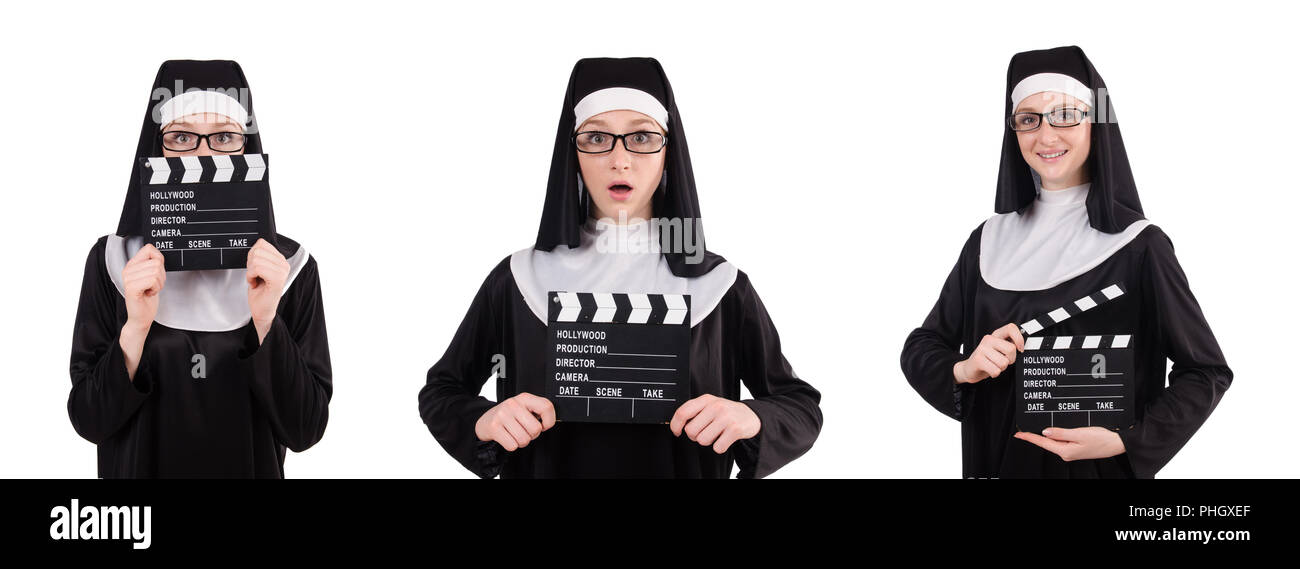 Nun with movie board isolated on white Stock Photo - Alamy