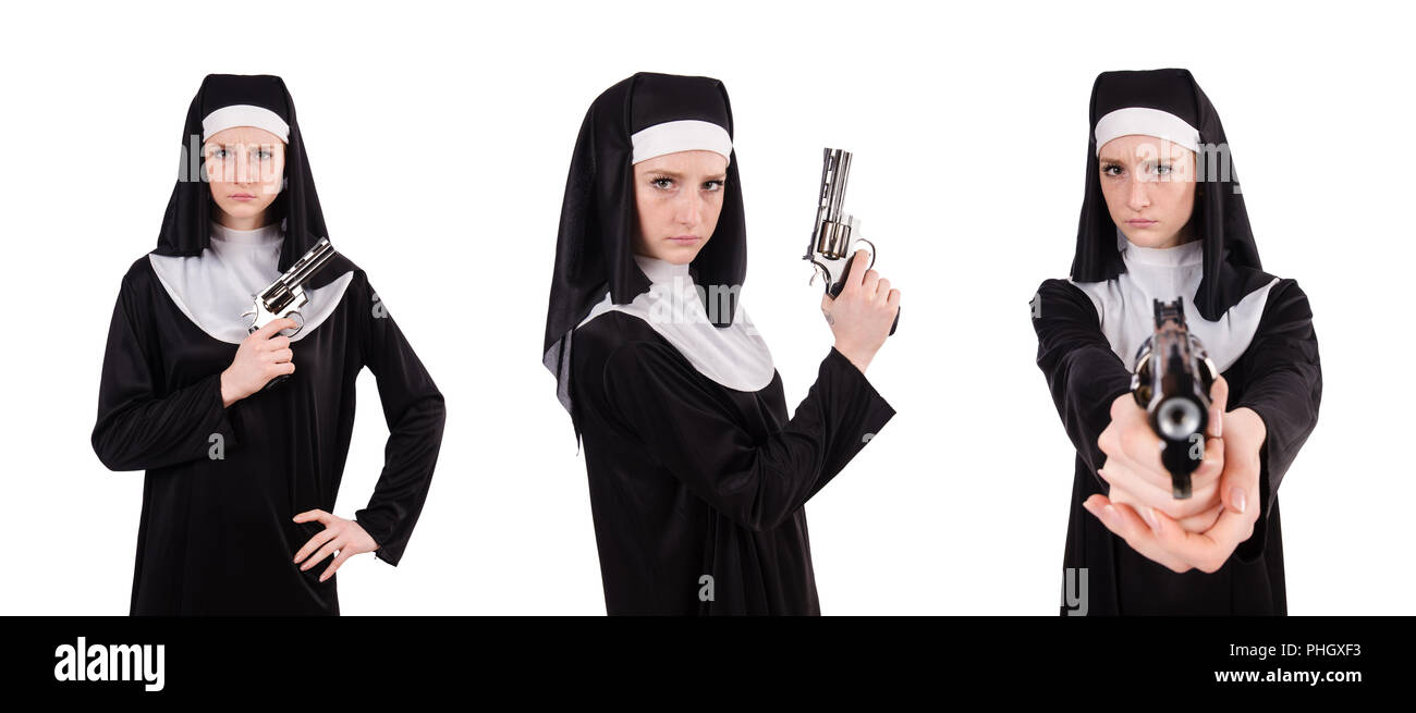 Nun with handgun isolated on white Stock Photo - Alamy
