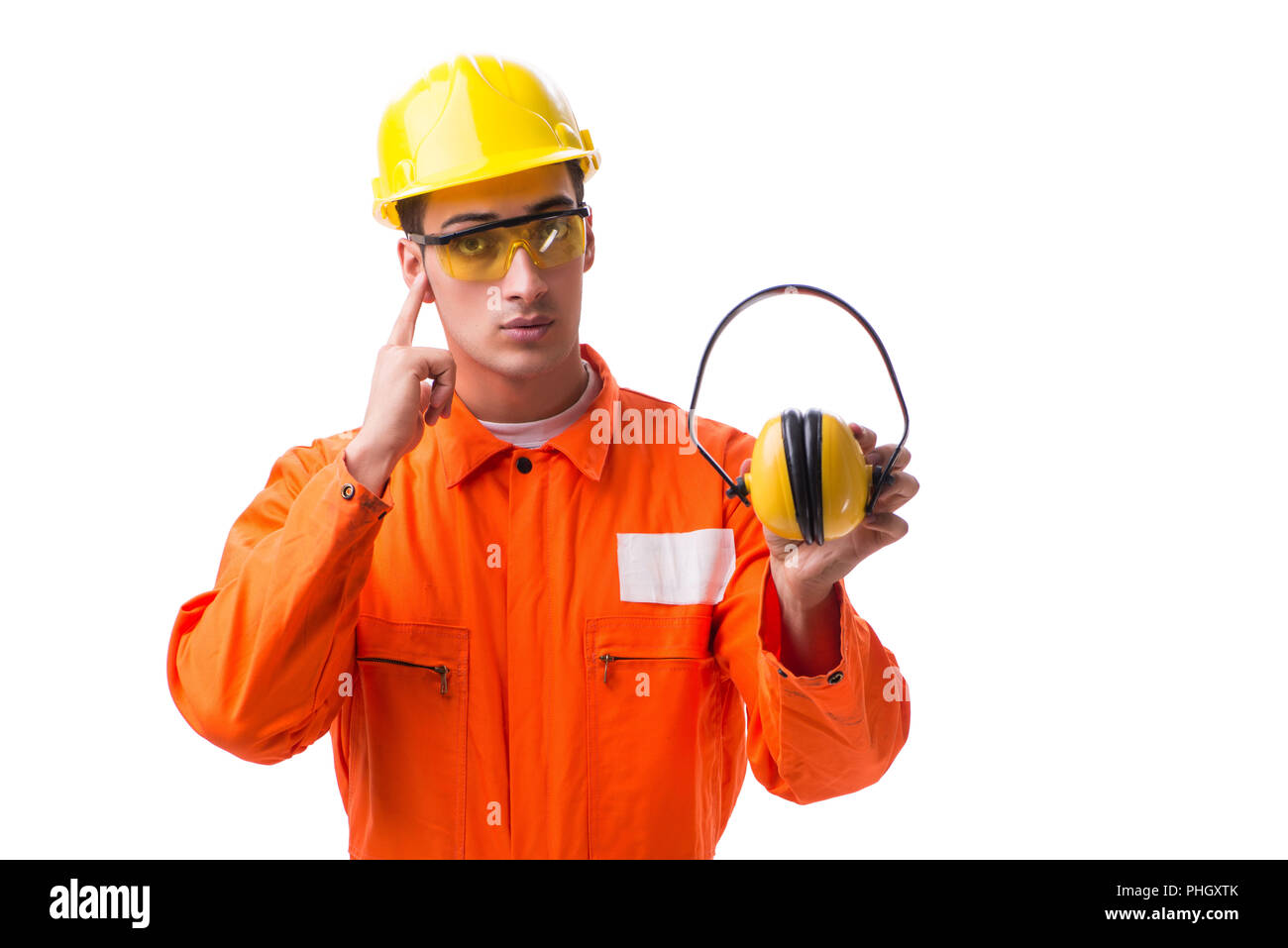 Construction worker with noise cancelling earphones Stock Photo - Alamy