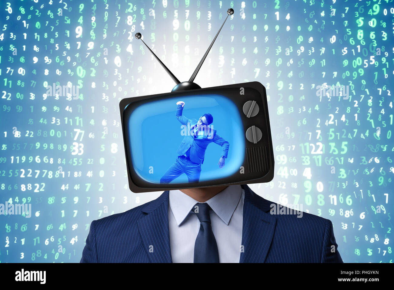 Man with television head in tv addiction concept Stock Photo - Alamy