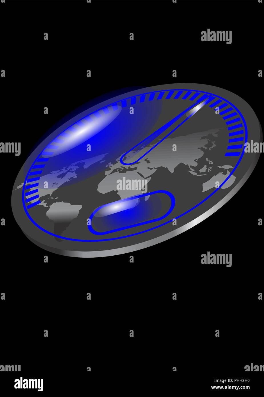 speedometer with a map of the world on black background Stock Vector ...