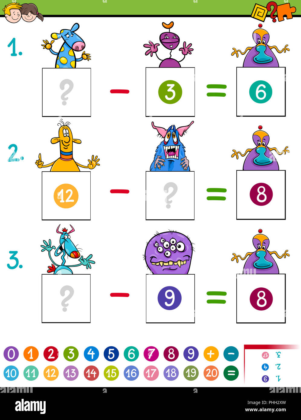 maths subtraction game with monster characters Stock Photo - Alamy