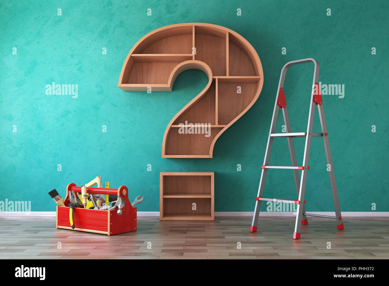Toolbox with tools, ladder and bookshelf in form of question mark ...
