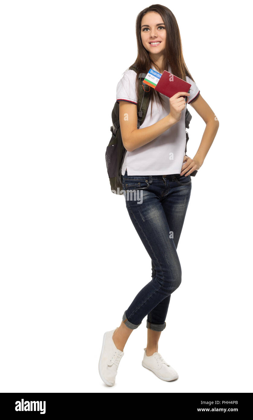 Young travelling girl isolated on white Stock Photo - Alamy