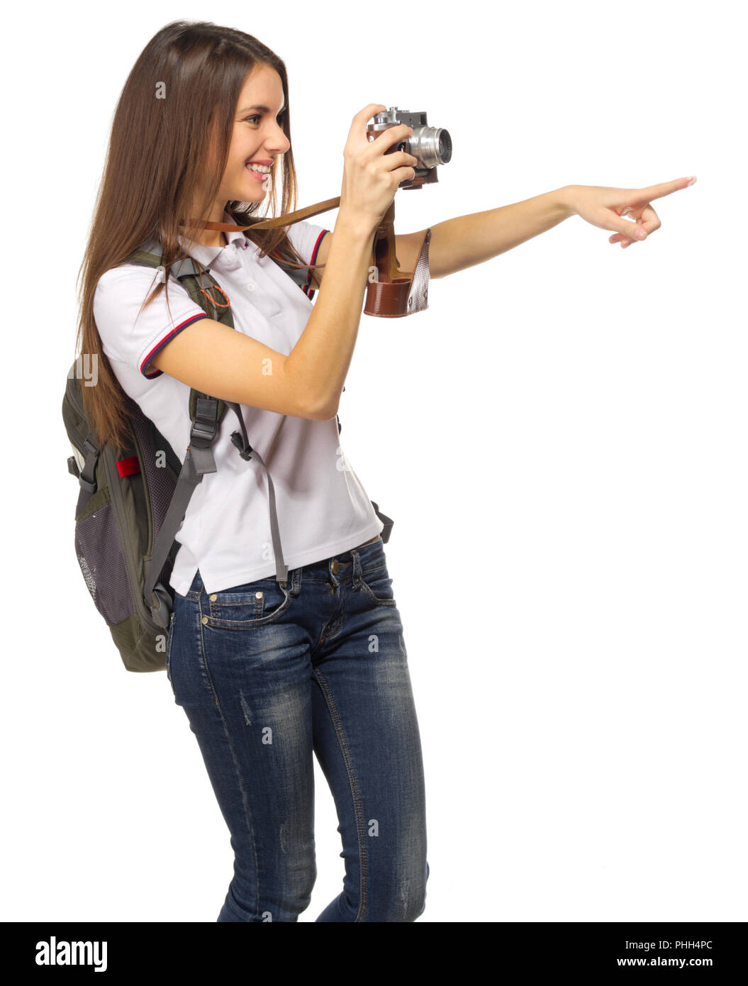 Young travelling girl isolated on white Stock Photo - Alamy