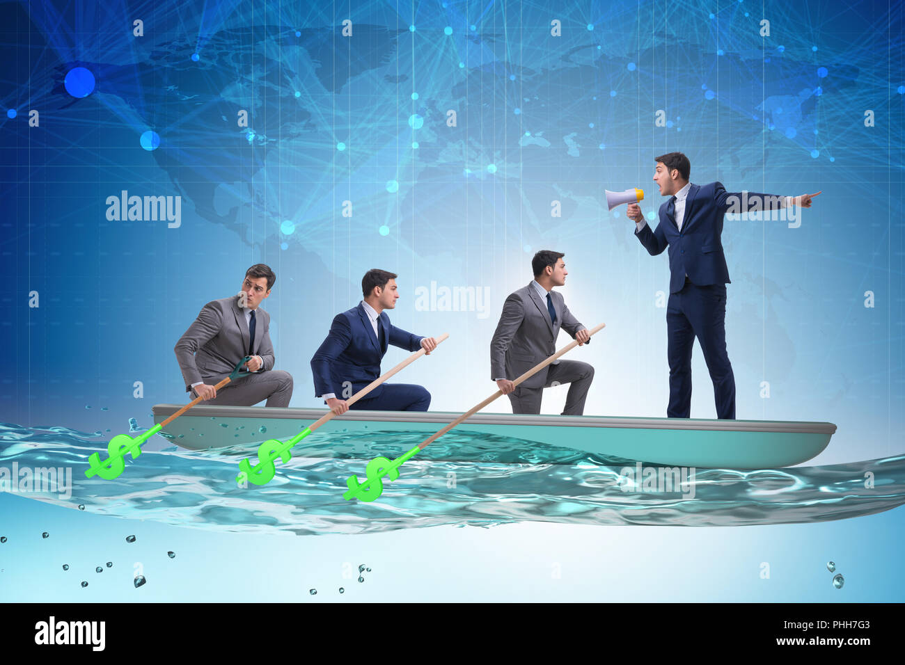Team of businessmen in teamwork concept with boat Stock Photo - Alamy