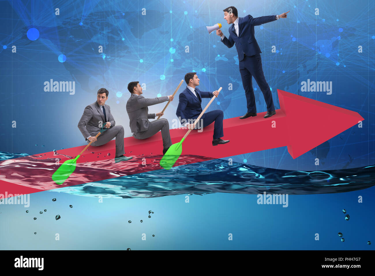 Teamwork concept with businessmen on boat Stock Photo - Alamy