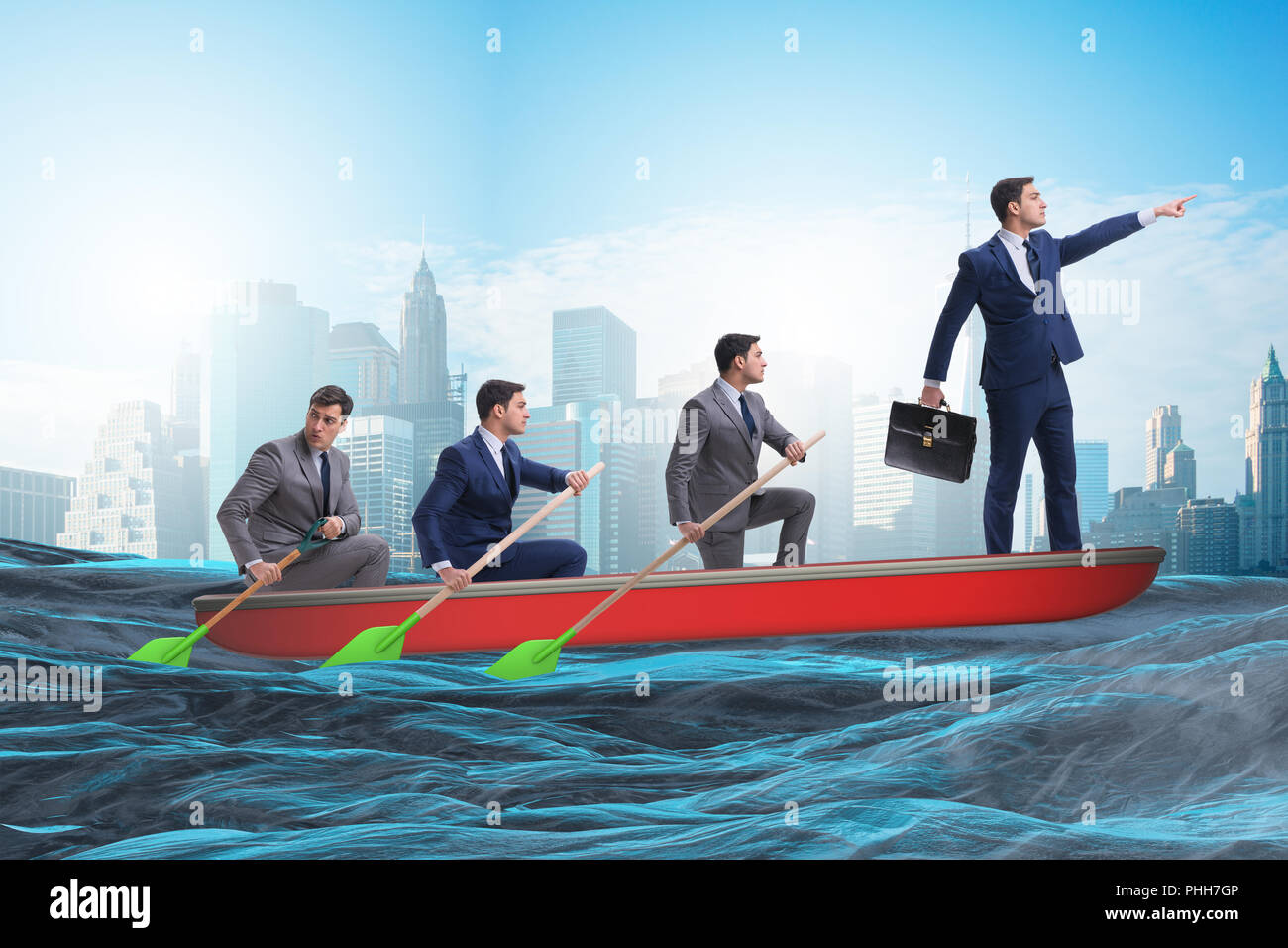 Team of businessmen in teamwork concept with boat Stock Photo - Alamy