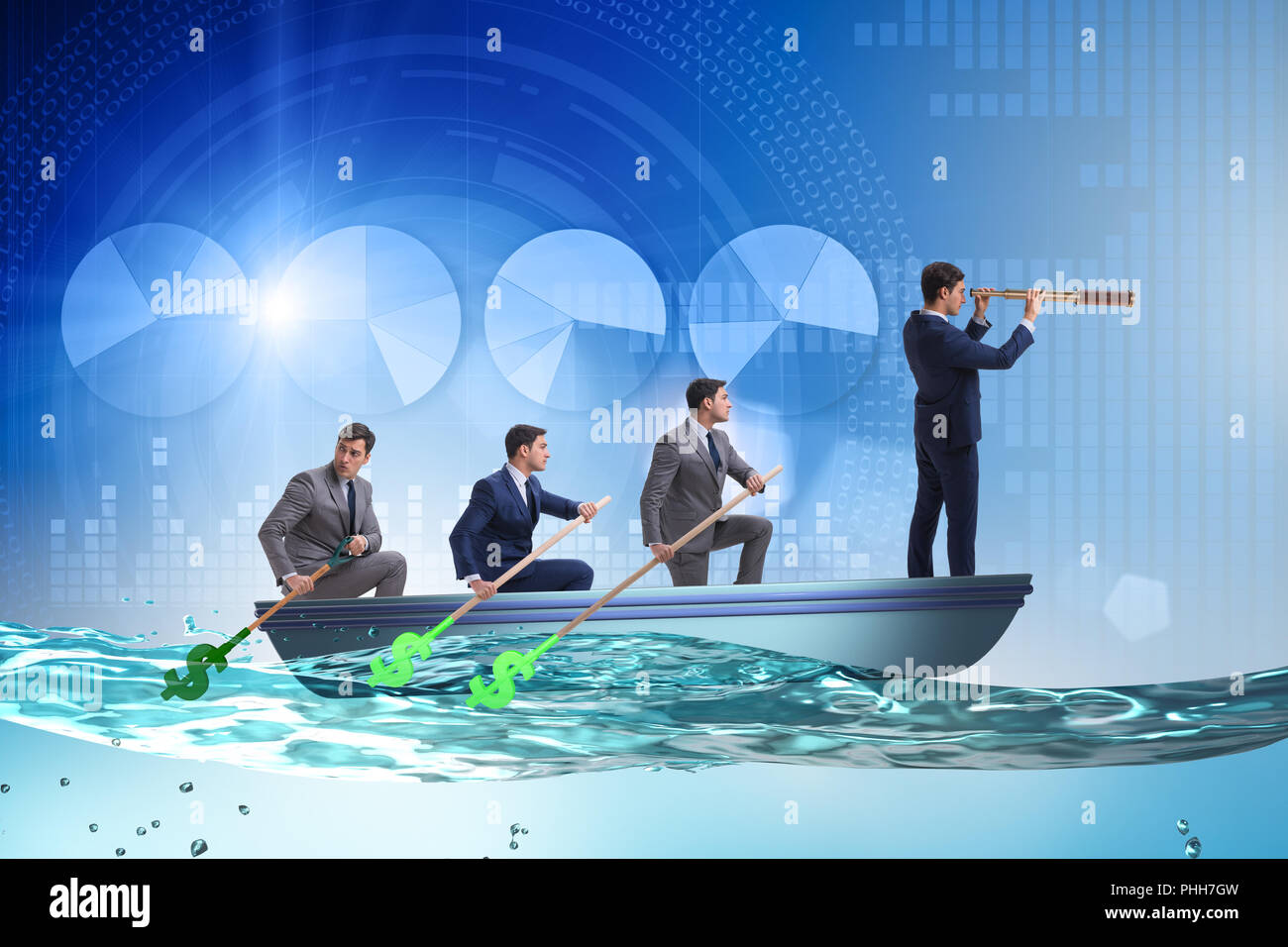 Team of businessmen in teamwork concept with boat Stock Photo - Alamy