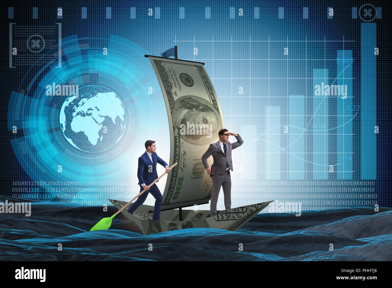 Business partnership with businessmen sailing on dollar boat Stock ...