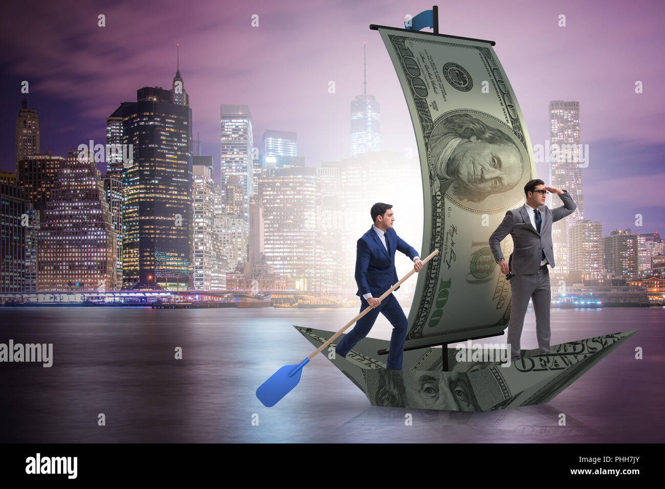 Business partnership with businessmen sailing on dollar boat Stock ...