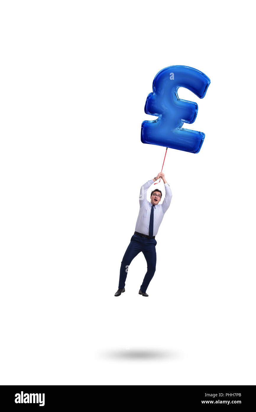 Businessman flying on british pound sign inflatable balloon Stock Photo ...