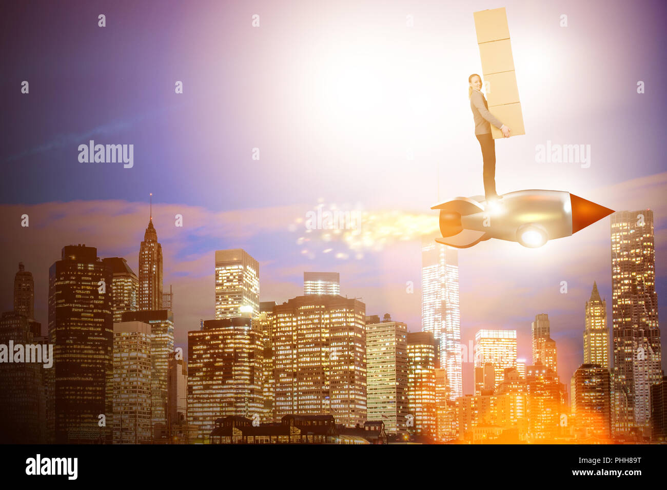 Woman flying rocket and delivering boxes Stock Photo - Alamy