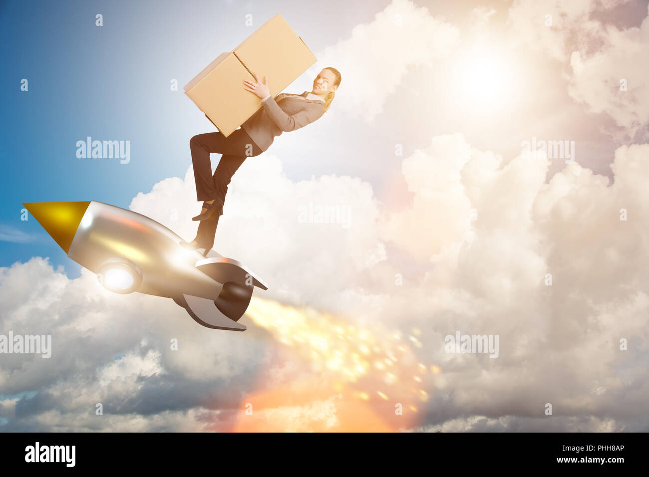 Woman flying rocket and delivering boxes Stock Photo - Alamy