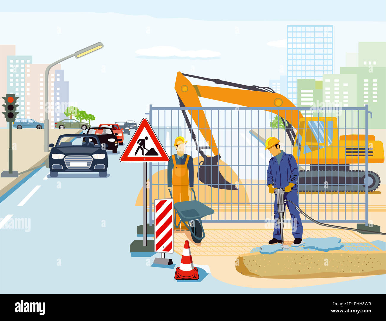 Repair in road construction illustration Stock Photo - Alamy