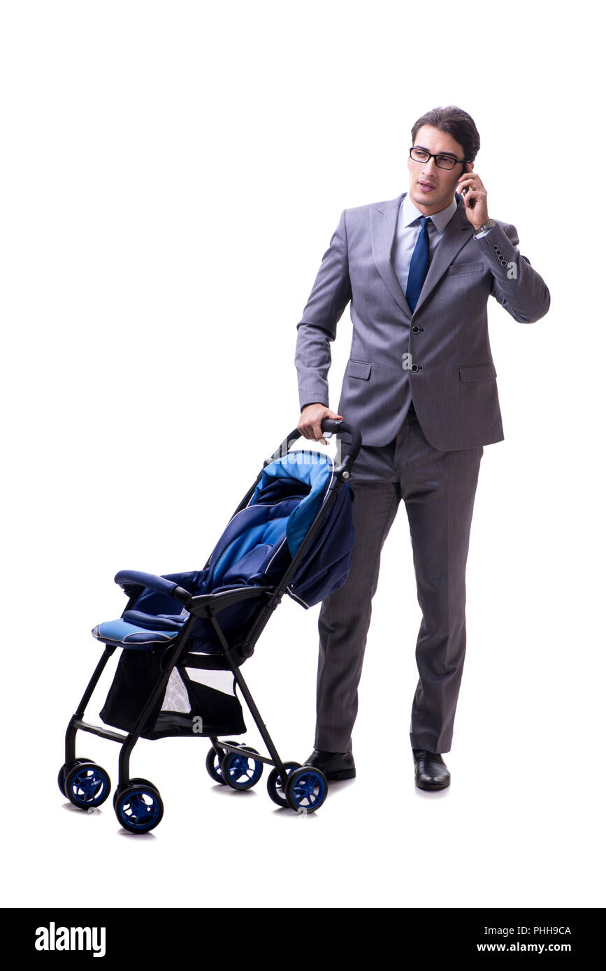 Young dad businessman with baby pram isolated on white Stock Photo - Alamy