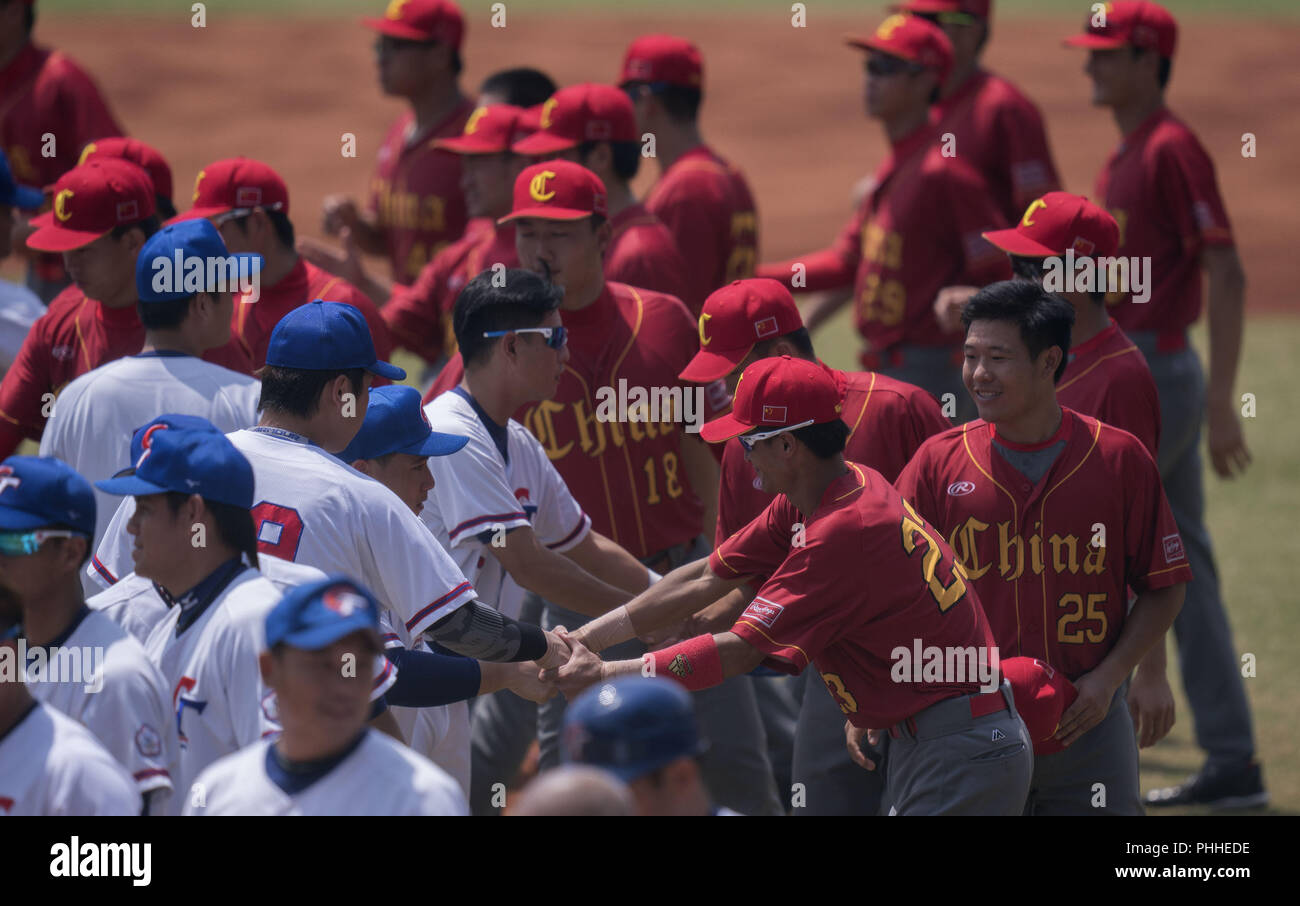 Jakarta. 1st Sep, 2018. Players of Chinese Taipei (White) shake hands ...