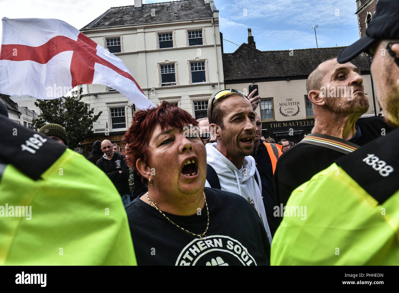 Worcester, UK. 1st September, 2018. Members and supporters of the EDL ...