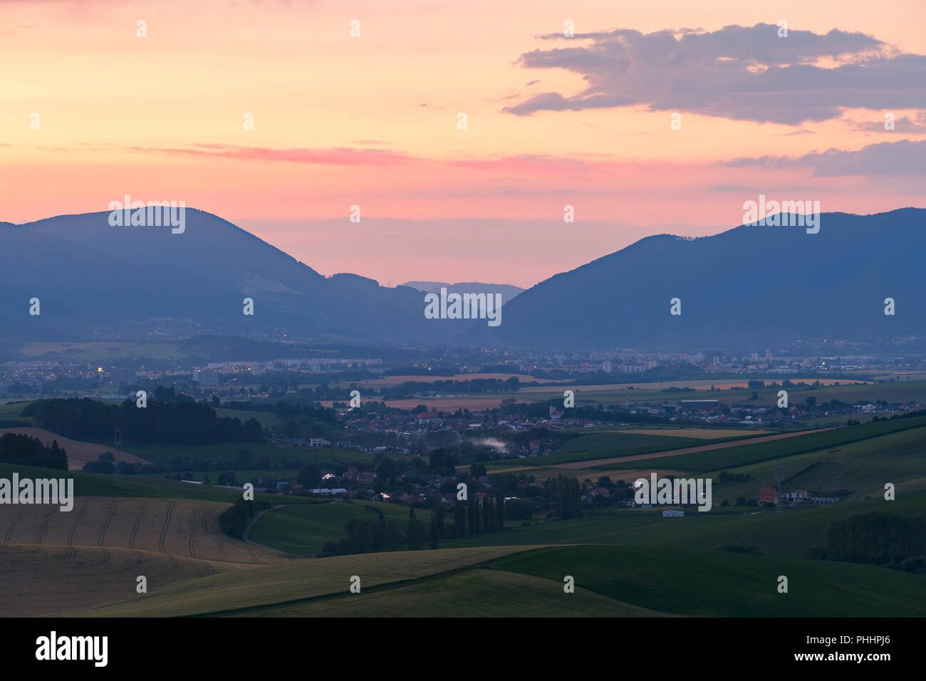 Rural landscape with fields and villages in Turiec region, central ...