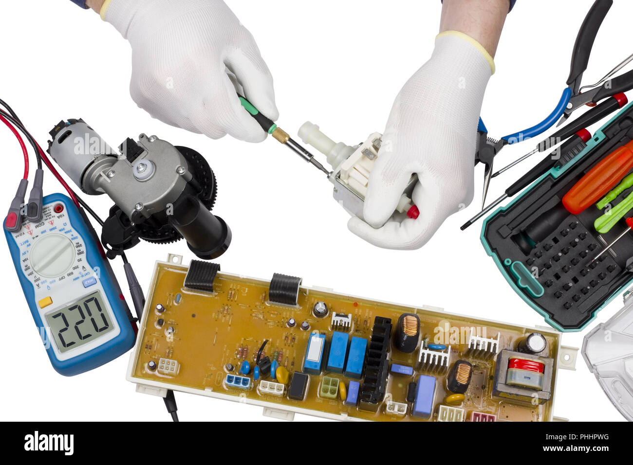 Repair of the washing and coffee machines parts isolated Stock Photo ...