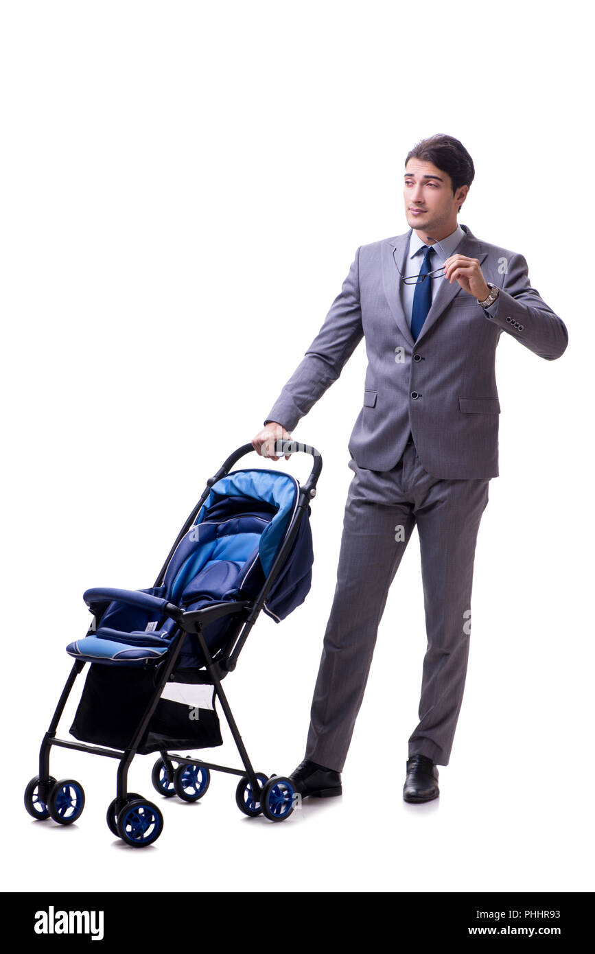 Young dad businessman with baby pram isolated on white Stock Photo - Alamy