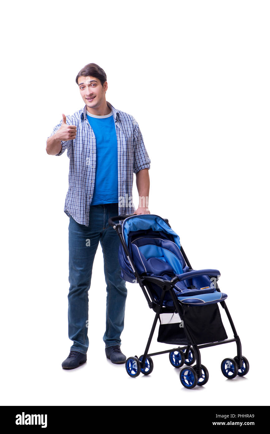 Young dad with baby pram isolated on white Stock Photo - Alamy