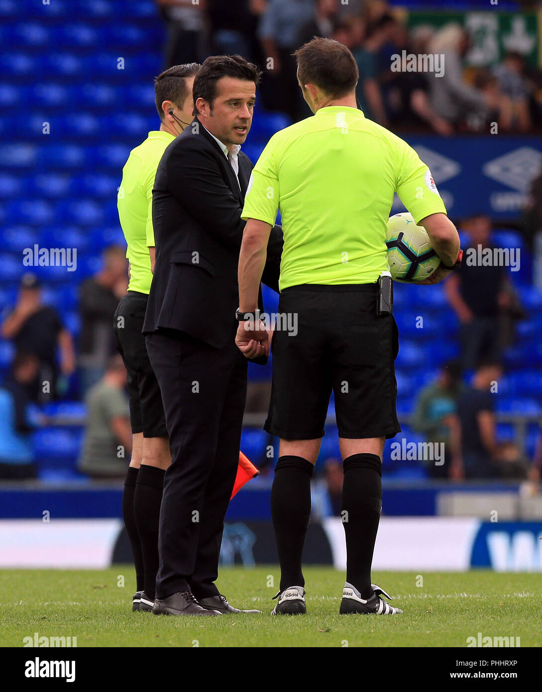 Everton manager Marco Silva speaks to the referee Stuart Atwell after ...