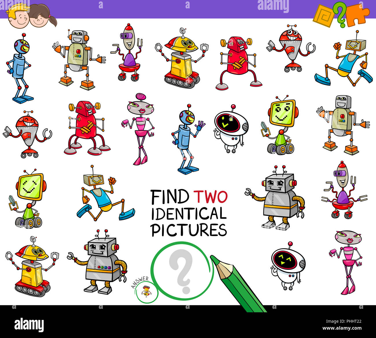 find two identical robots educational game Stock Photo - Alamy