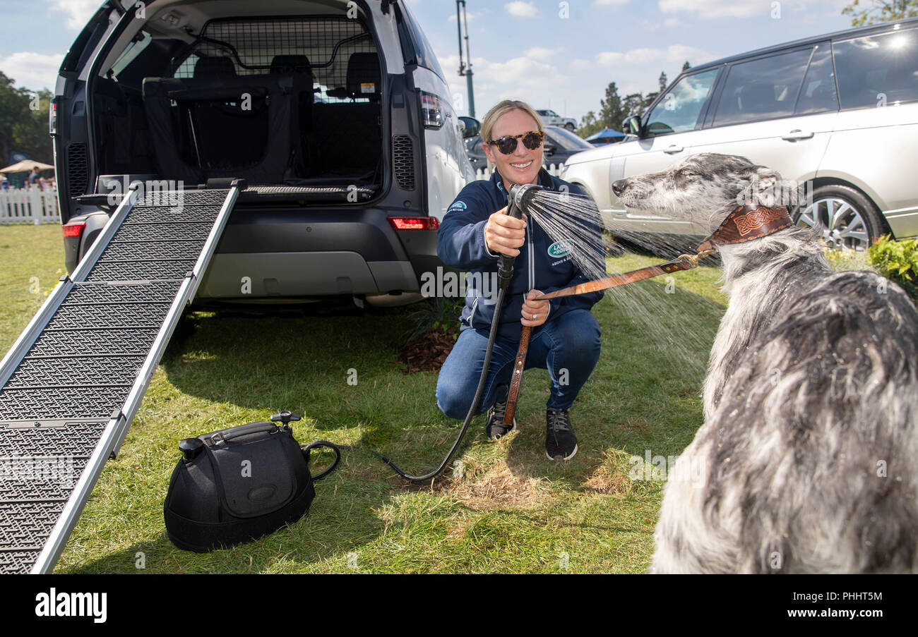 Zara Tindall demonstrates Land Rover's Portable Rinse System, which is ...