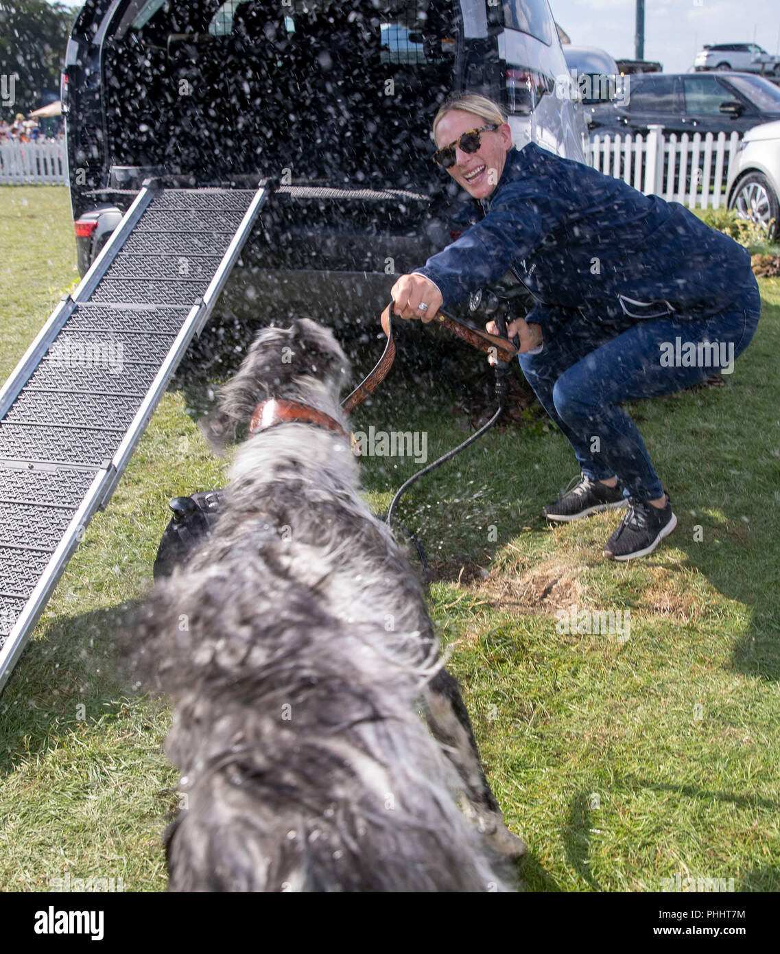Zara Tindall demonstrates Land Rover's Portable Rinse System, which is ...