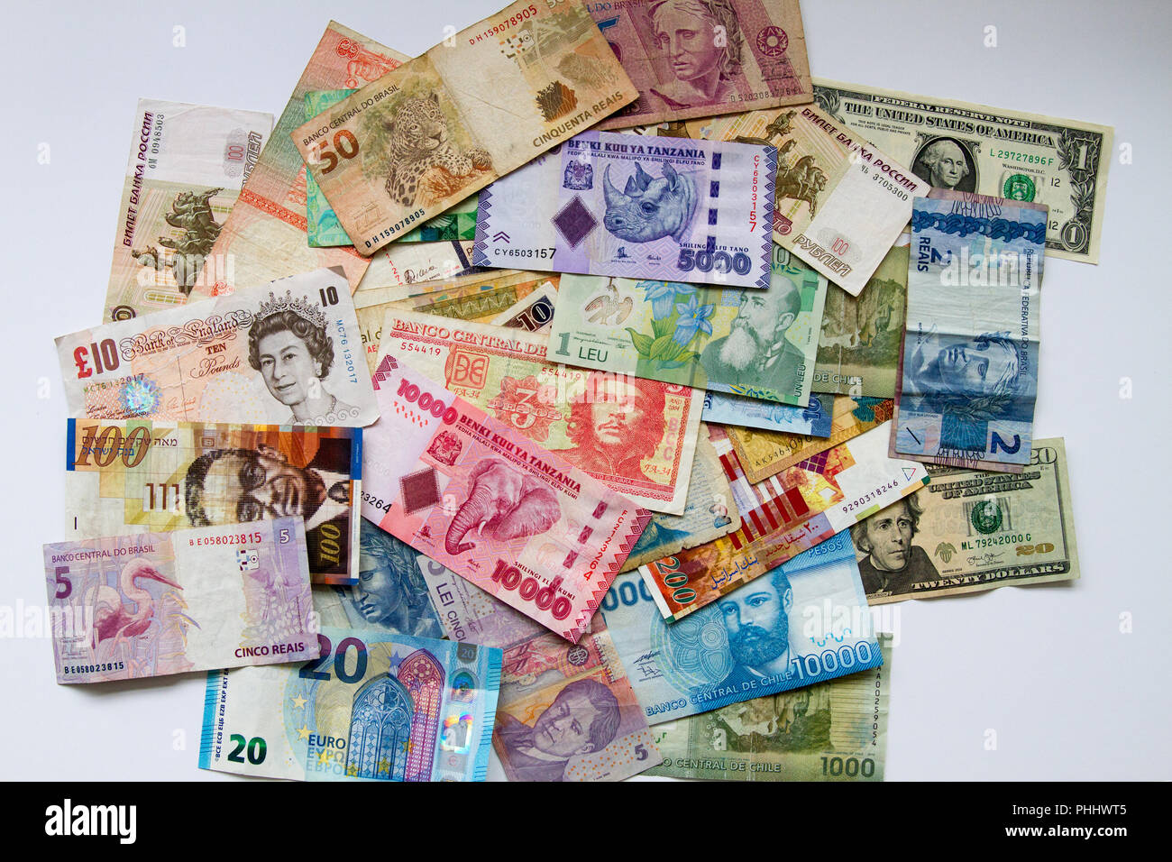 Colorful background of mixed banknotes from around the world Stock ...