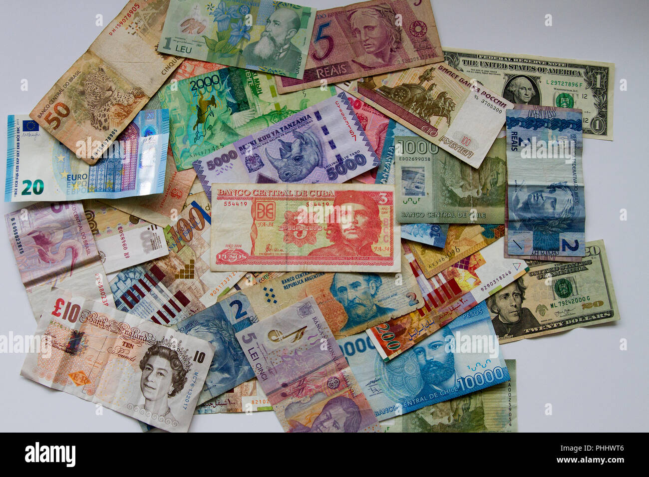 Colorful background of mixed banknotes from around the world Stock ...