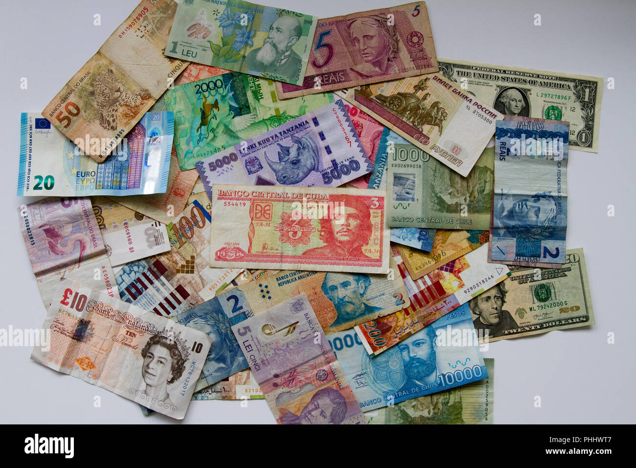 Colorful background of mixed banknotes from around the world Stock ...