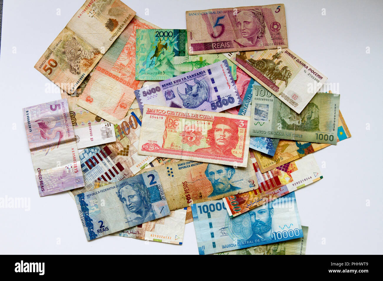 Colorful background of mixed banknotes from around the world Stock ...