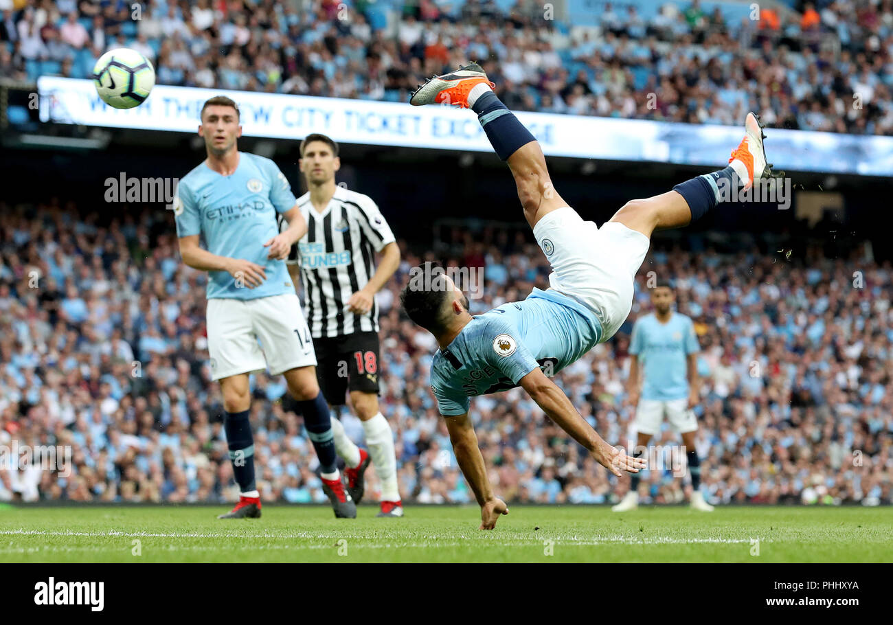 Manchester City's Sergio Aguero performs an overhead kick during the ...