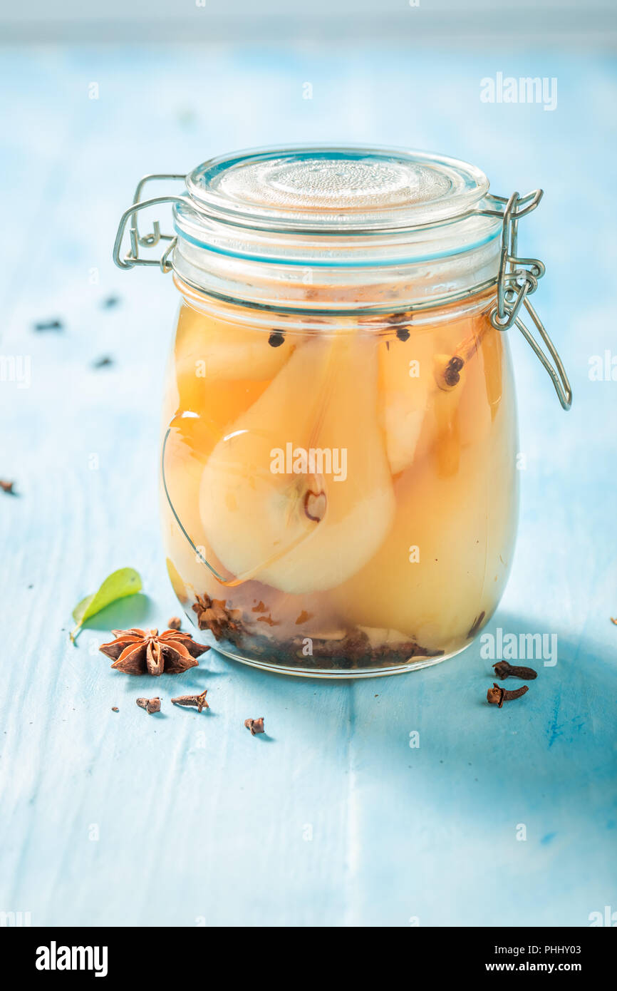 Homemade and healthy pickled pears in the jar Stock Photo - Alamy