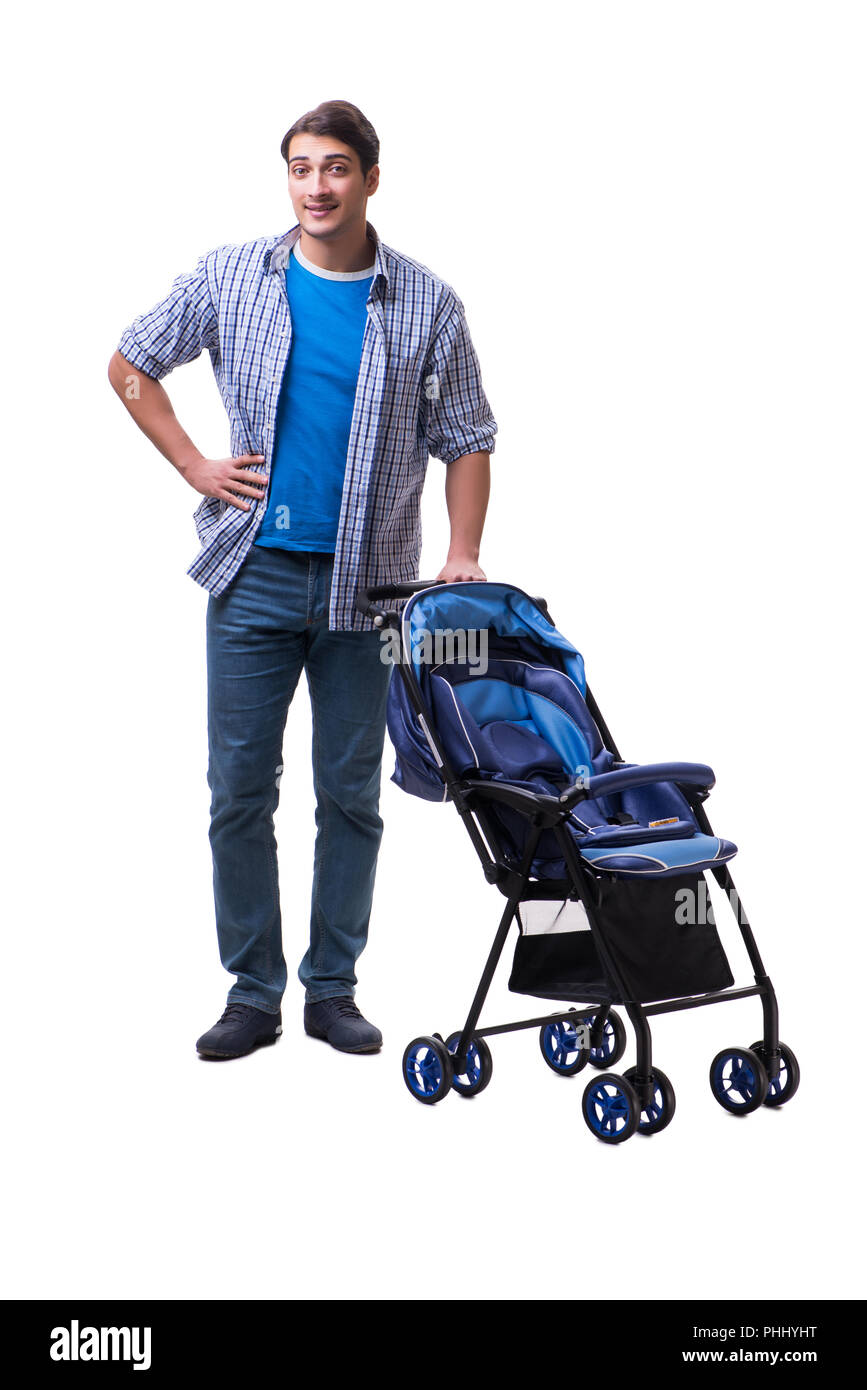 Young dad with child pram isolated on white Stock Photo - Alamy