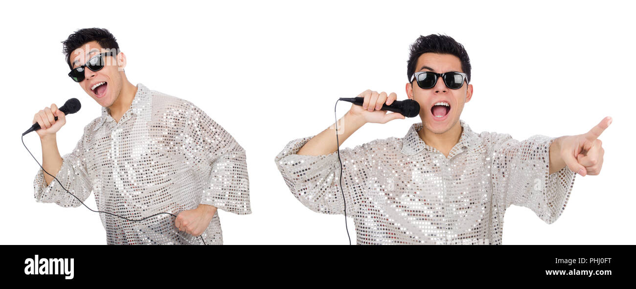 Man with mic isolated on white Stock Photo - Alamy