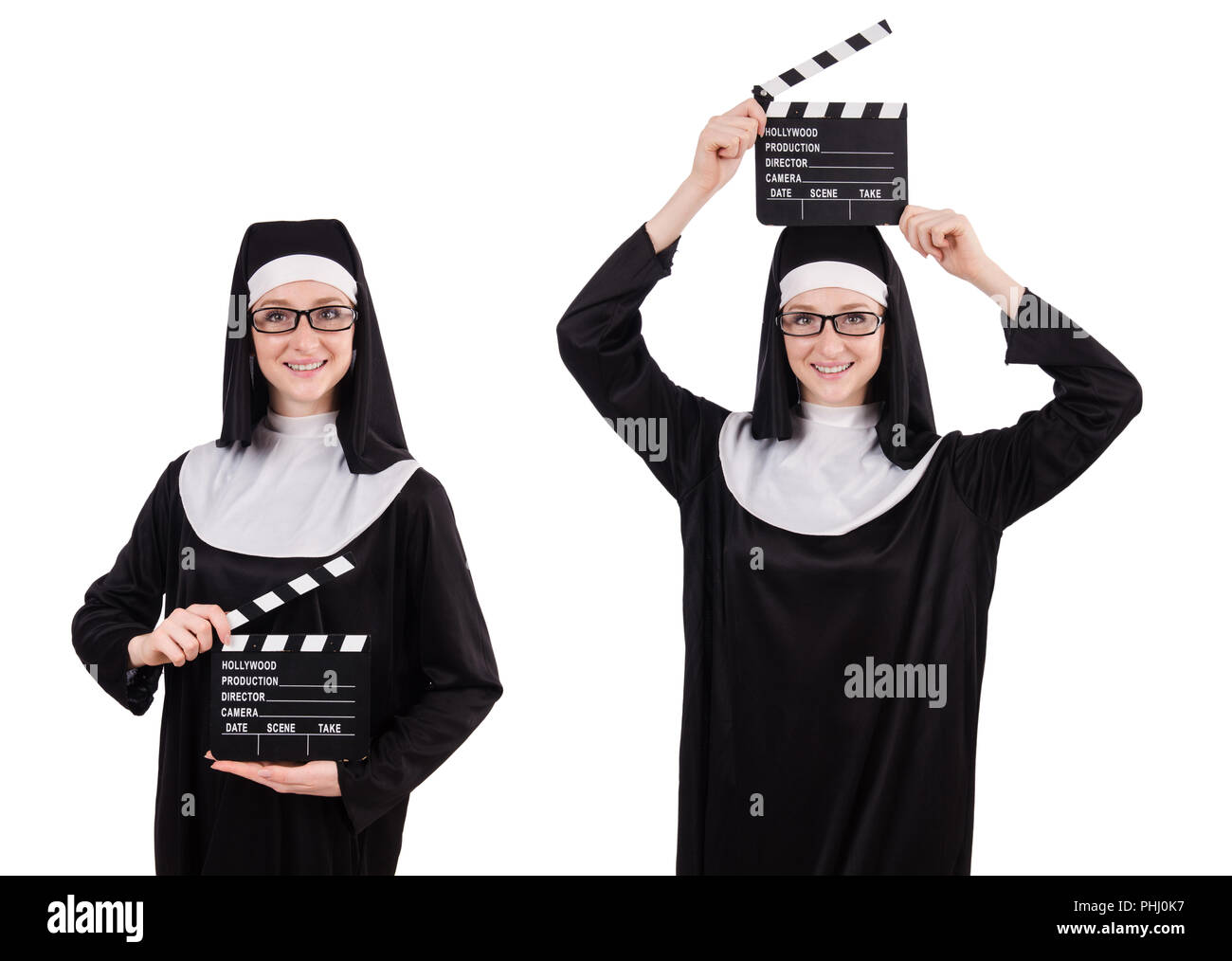 Young nun with clapperboard isolated on white Stock Photo - Alamy