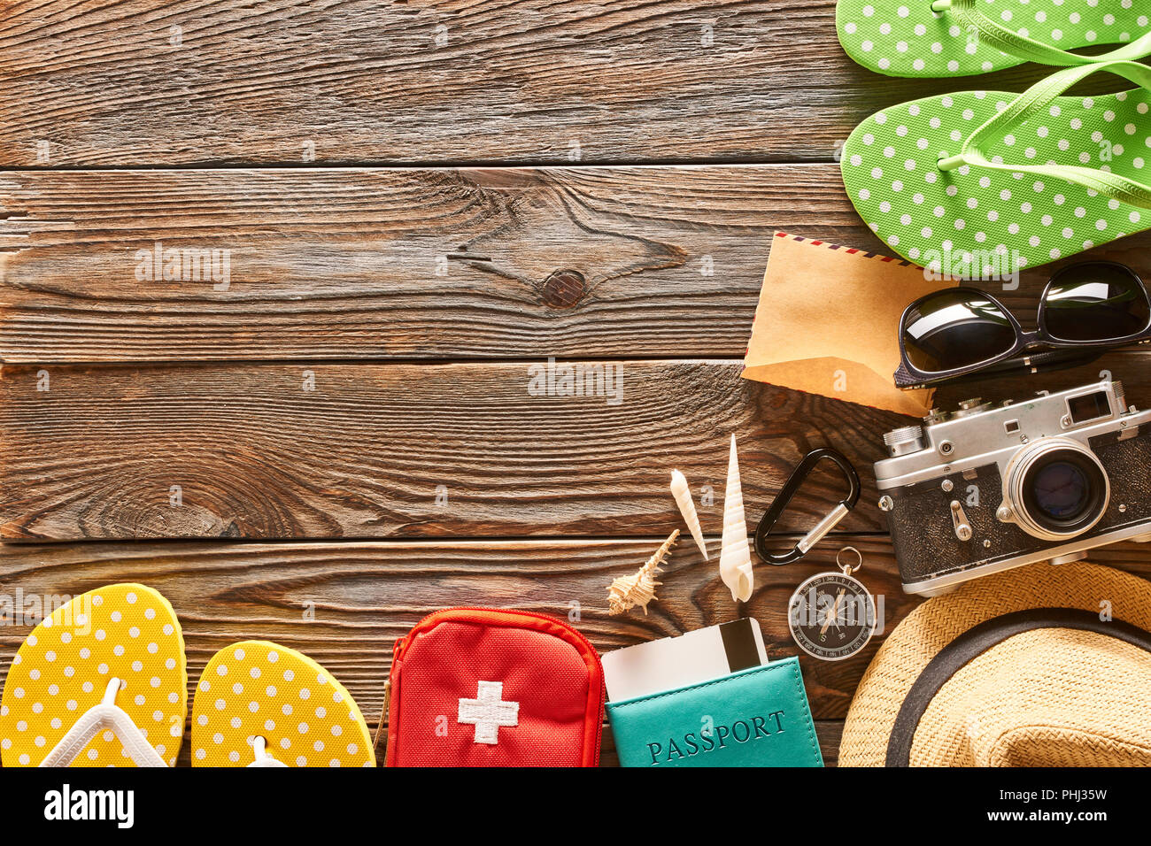 Travel and beach items still life Stock Photo - Alamy