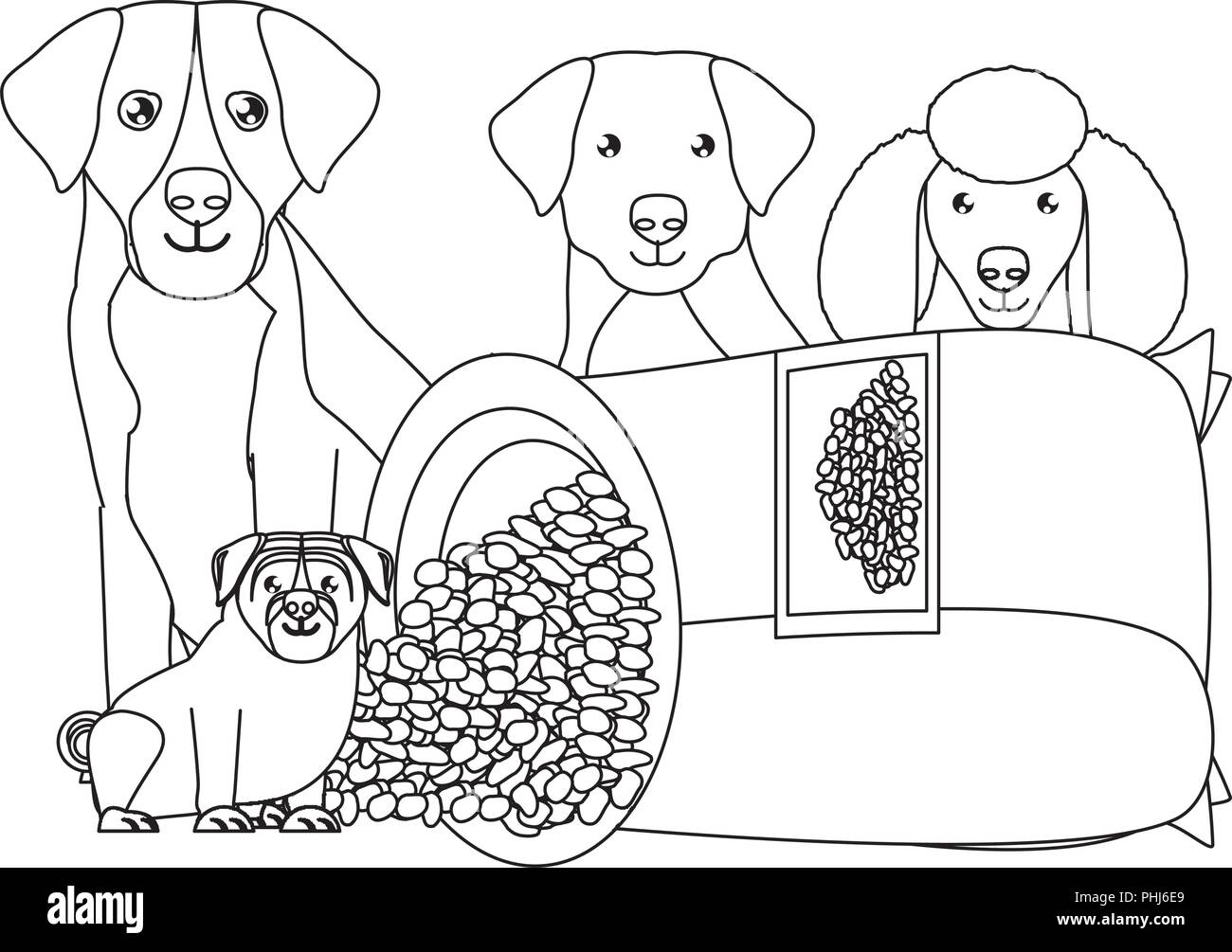 dog food bag and cute dogs around over white background, vector ...