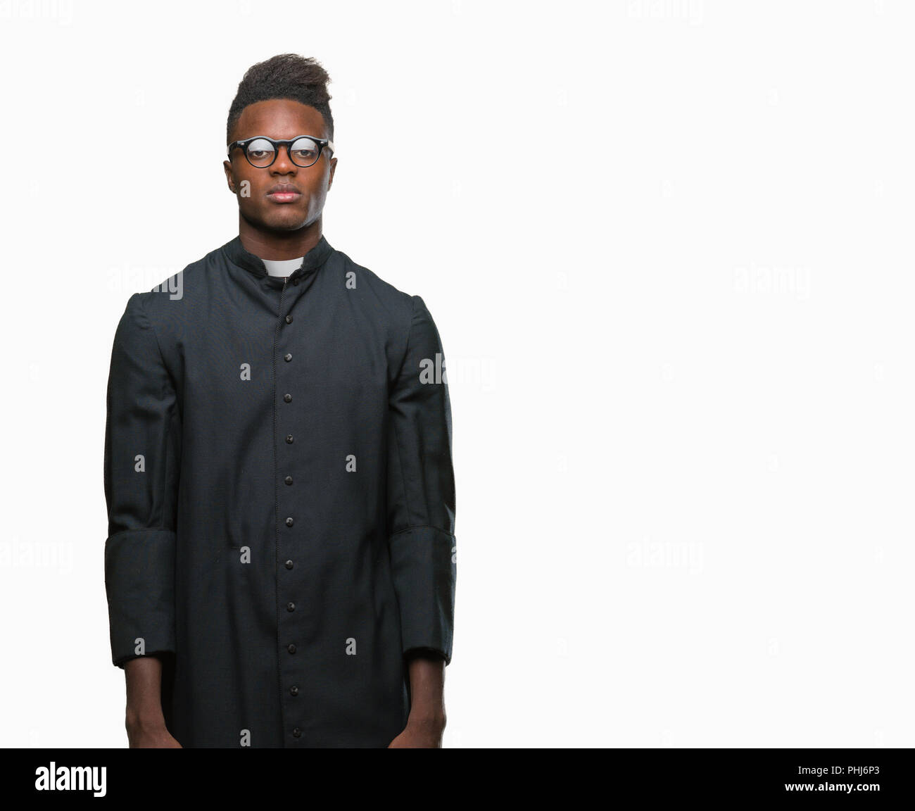 Young african american priest man over isolated background with serious ...
