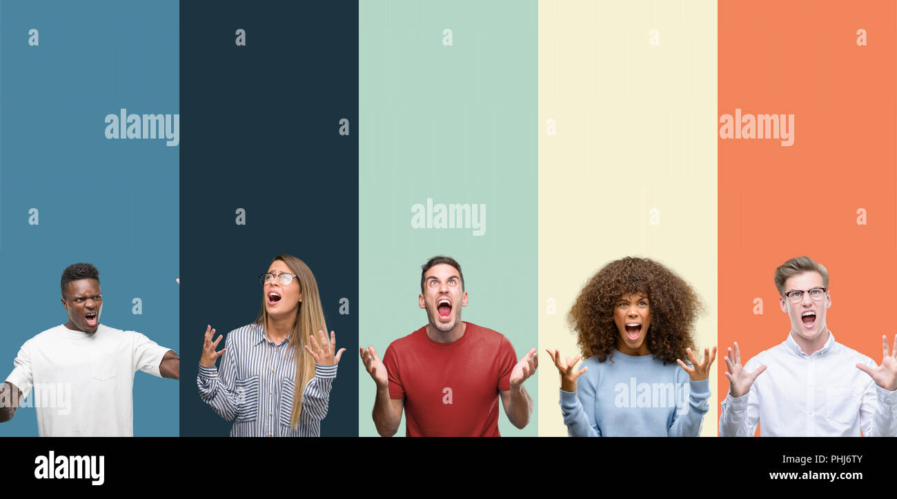 Group of people over vintage colors background crazy and mad shouting ...