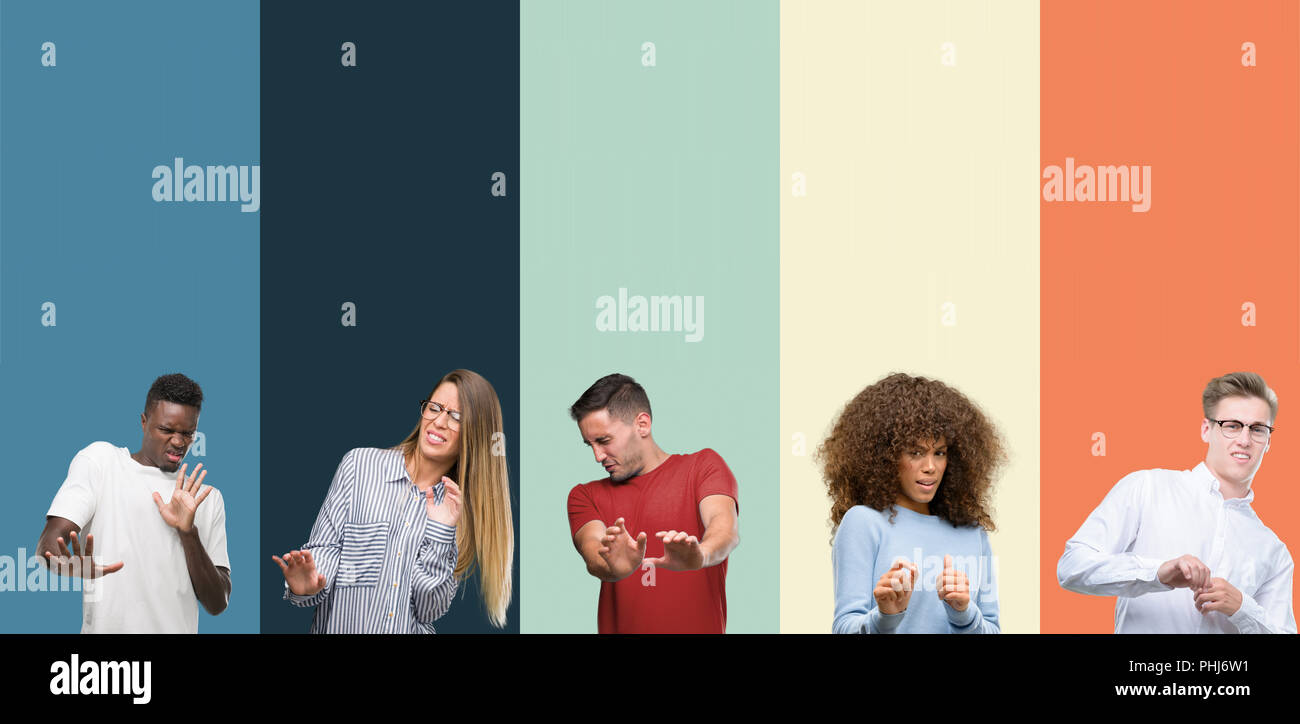 Group of people over vintage colors background disgusted expression ...