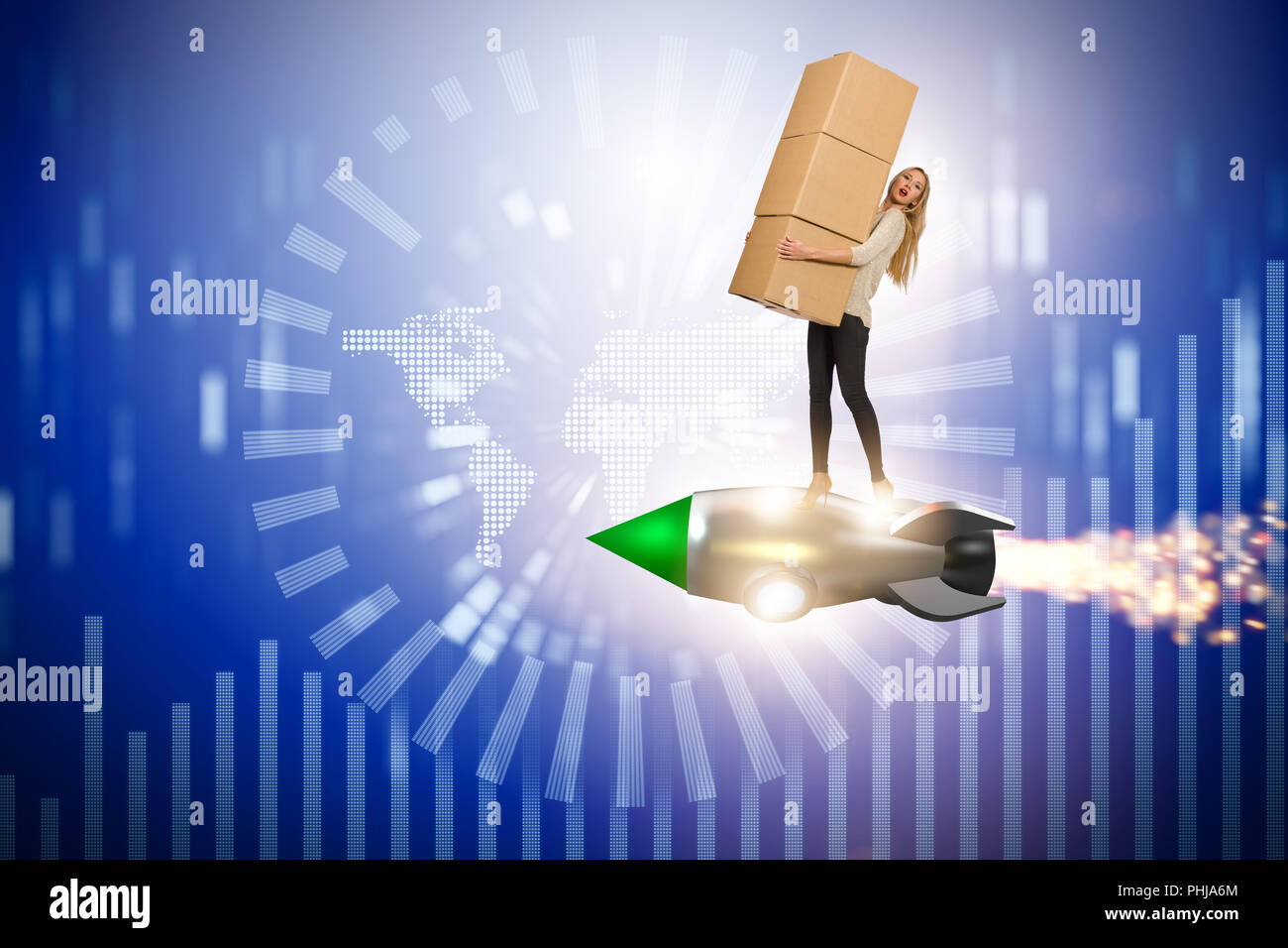 Woman flying jetpack and delivering boxes globally Stock Photo - Alamy