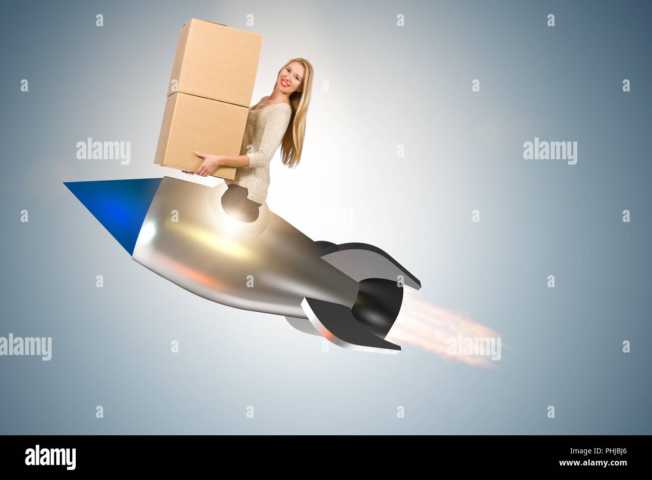 Woman in fast box delivery service on rocket Stock Photo - Alamy