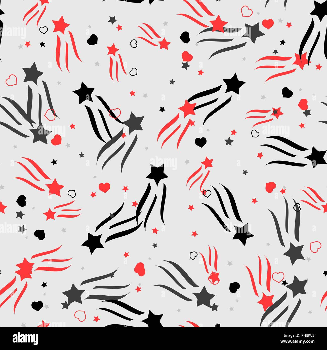 Seamless pattern with red hearts and black stars on white background ...